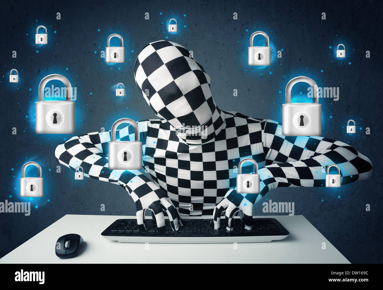 Hacker in disguise with virtual lock symbols and icons Stock Photo - Alamy