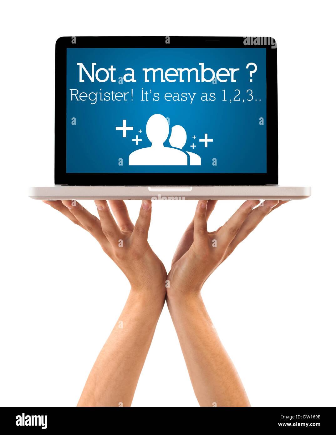 Hand holding laptop with register sign Stock Photo - Alamy