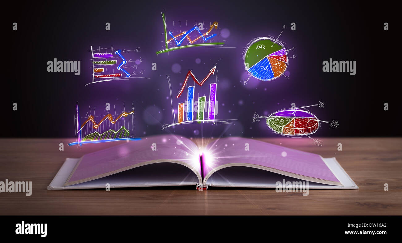 Book on wooden deck with glowing graph illustrations Stock Photo - Alamy