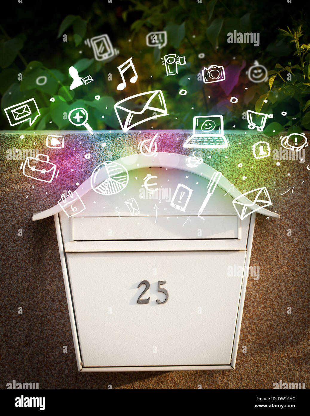 Colorful icons and symbols bursting out of a mailbox Stock Photo - Alamy