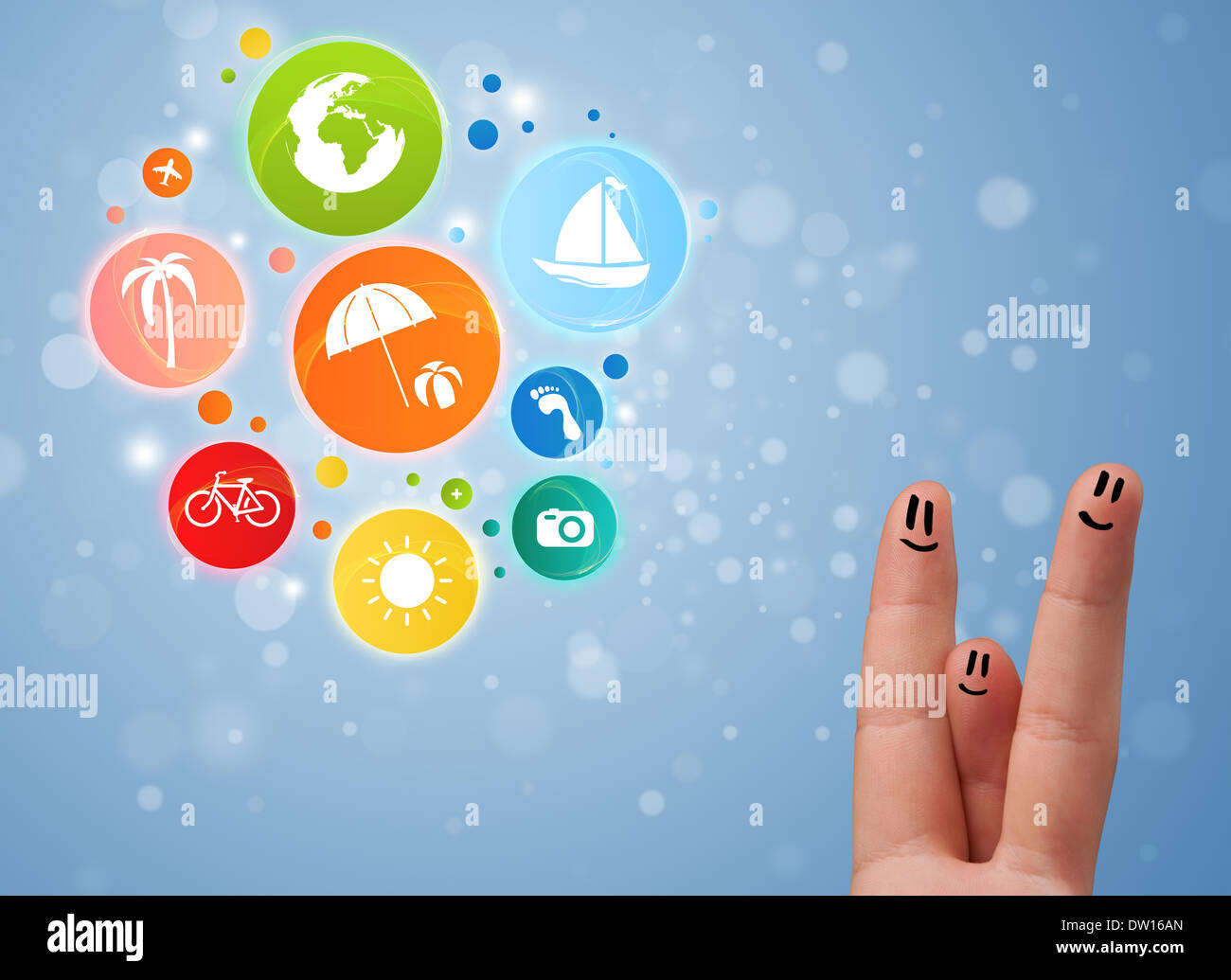 Cheerful finger smileys with colorful holiday travel bubble icons Stock ...