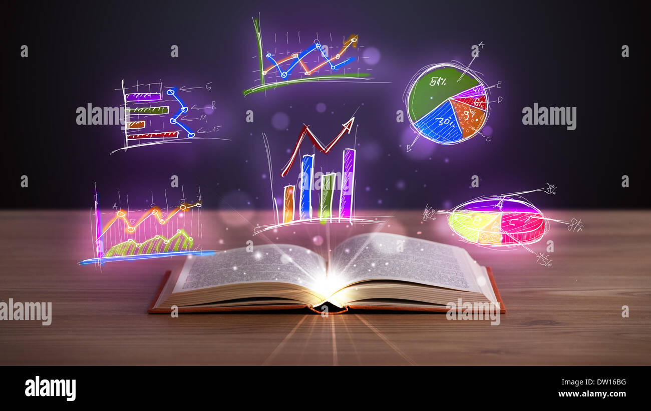 Book on wooden deck with glowing graph illustrations Stock Photo - Alamy