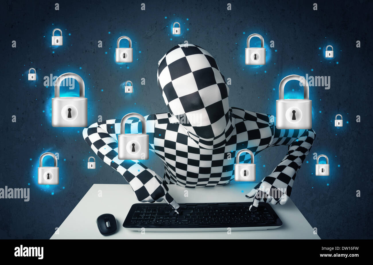 Hacker in disguise with virtual lock symbols and icons Stock Photo - Alamy