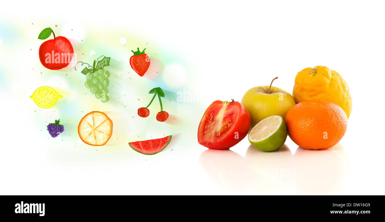 Colorful fruits with hand drawn illustrated fruits Stock Photo - Alamy