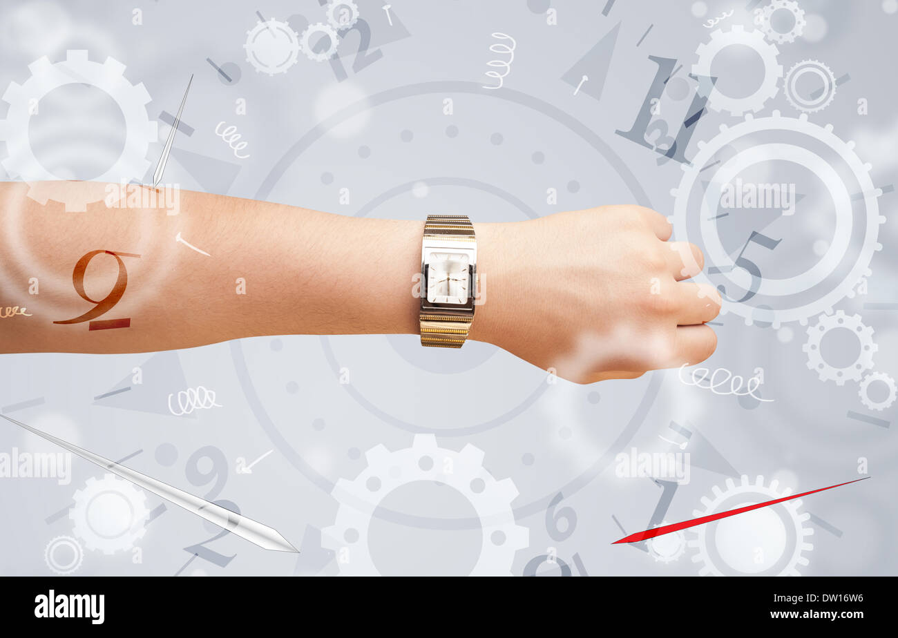 Hand with watch and numbers on the side comming out Stock Photo - Alamy