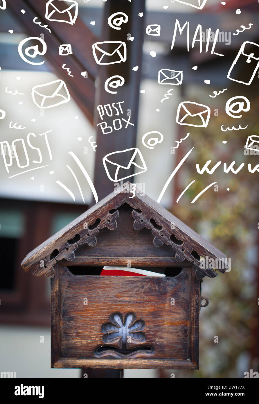 Postbox with white hand drawn mail icons Stock Photo - Alamy