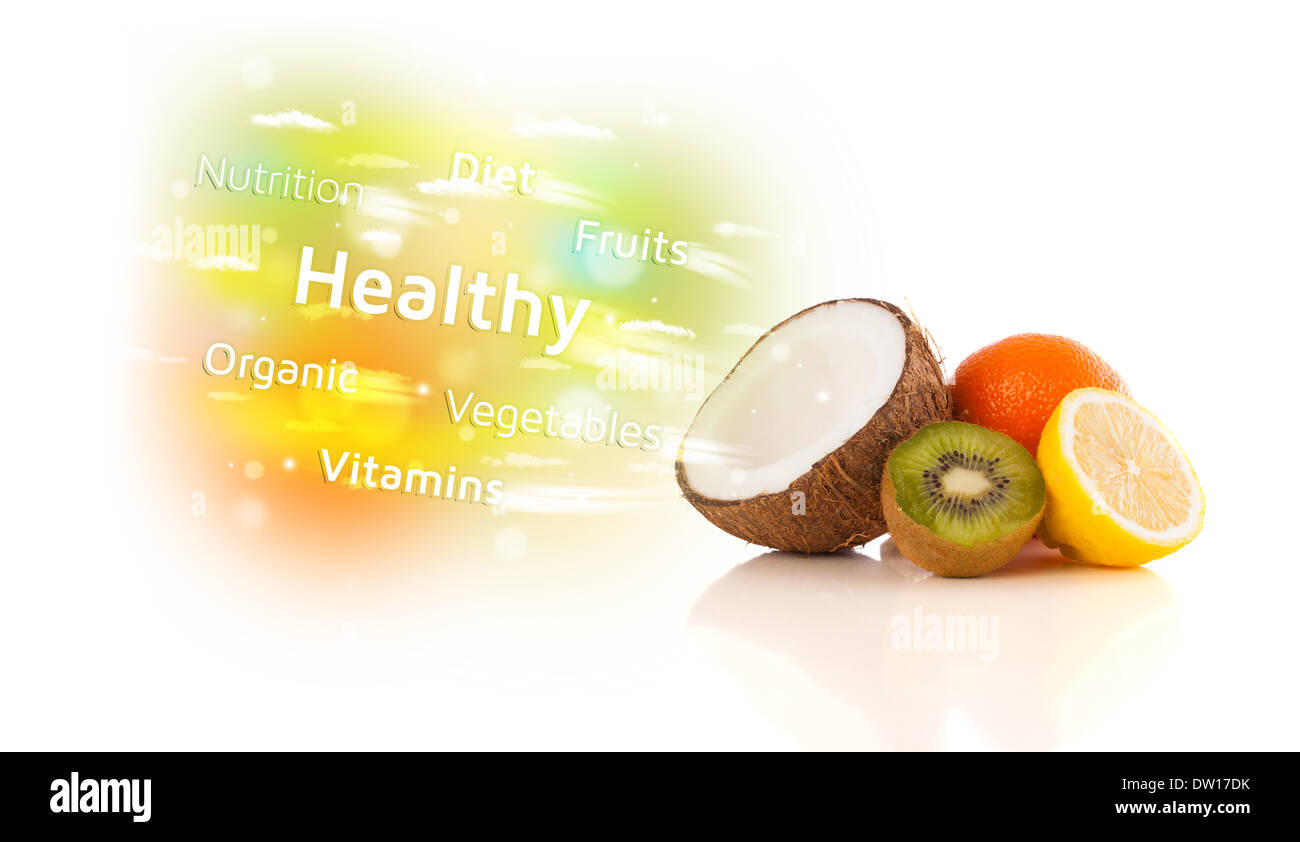 Colorful juicy fruits with healthy text and signs Stock Photo - Alamy