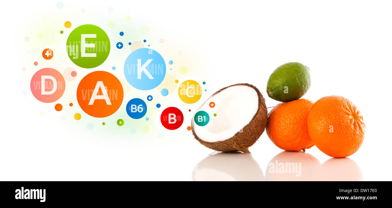 Healthy fruits with colorful vitamin symbols and icons Stock Photo - Alamy