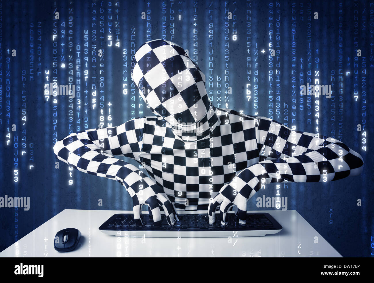 Hacker in body mask decoding information from futuristic network ...