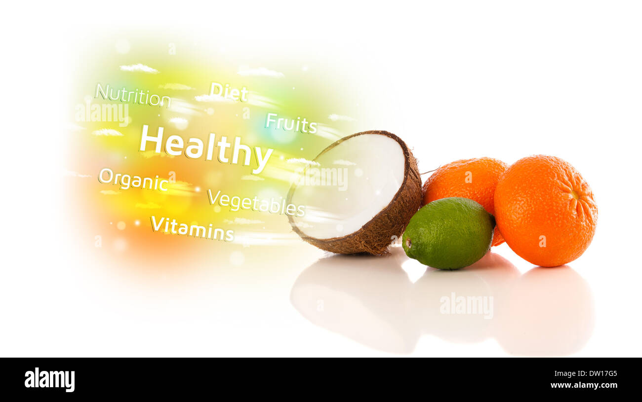 Colorful juicy fruits with healthy text and signs Stock Photo - Alamy