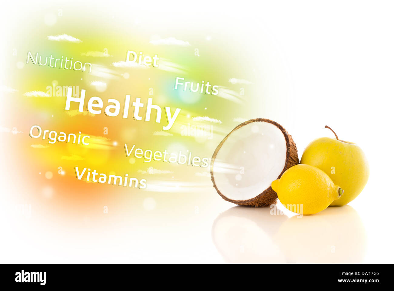 Colorful juicy fruits with healthy text and signs Stock Photo - Alamy