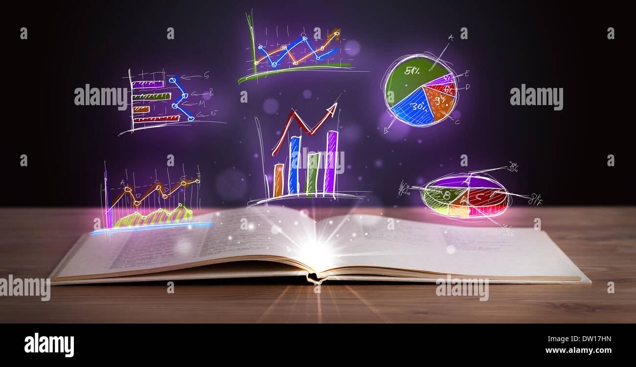 Book on wooden deck with glowing graph illustrations Stock Photo - Alamy