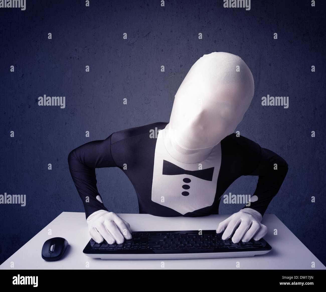 Man without identity working with keyboard on blue background Stock ...