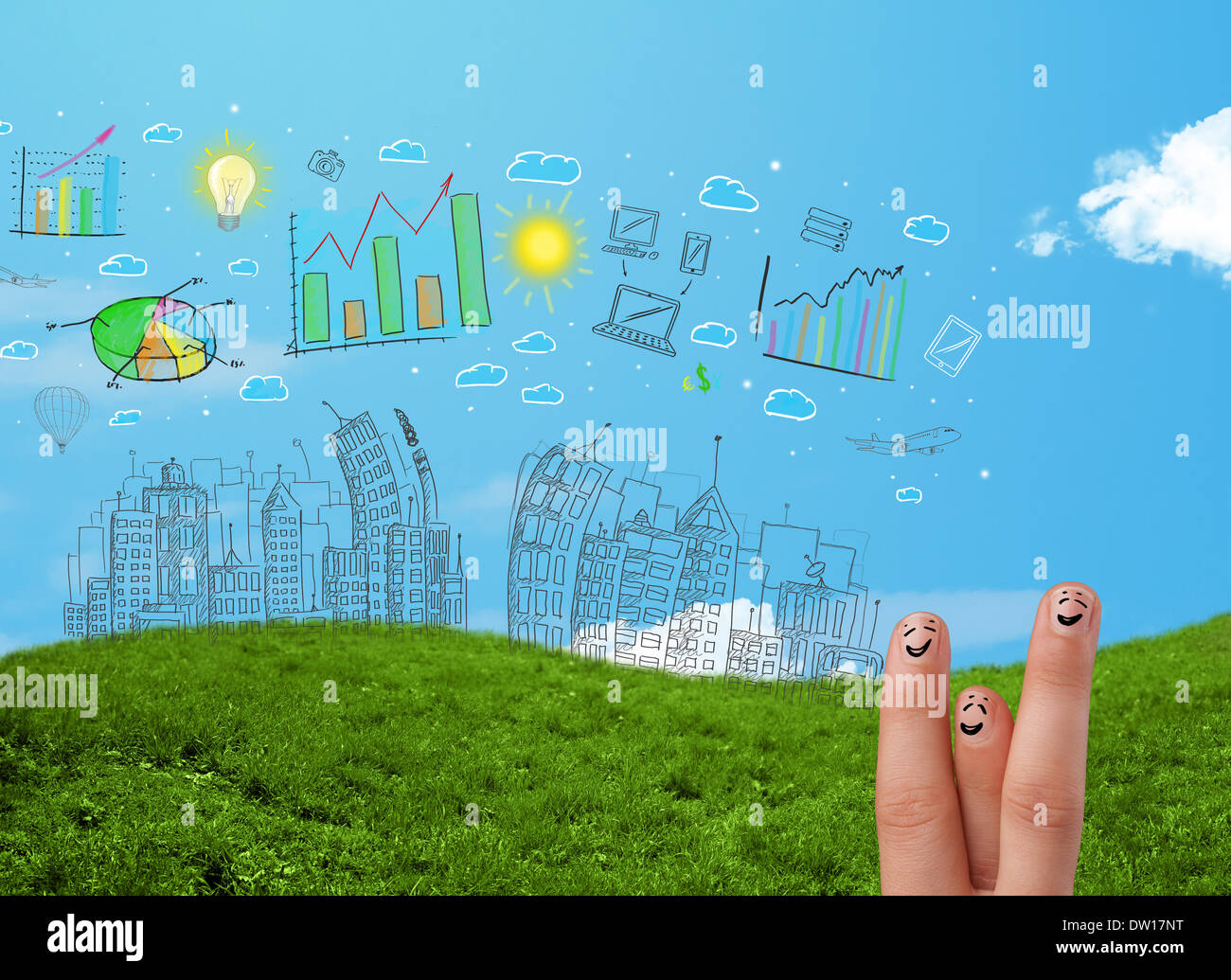 Happy smiley fingers looking at hand drawn urban city landscape Stock ...