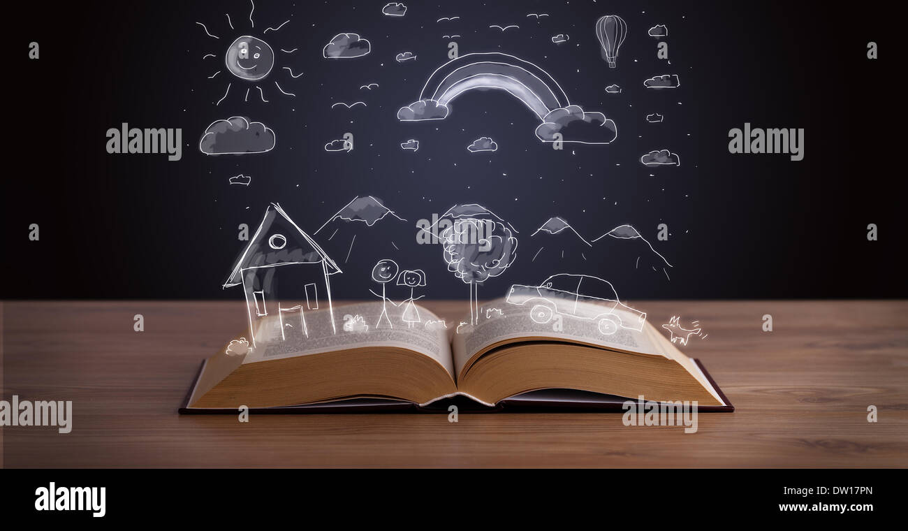 Open book with hand drawn landscape Stock Photo - Alamy