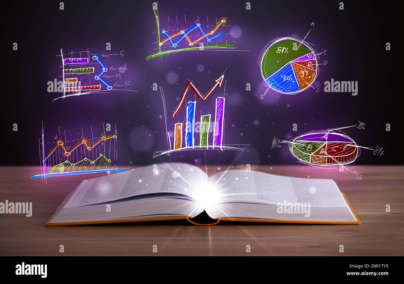 Book on wooden deck with glowing graph illustrations Stock Photo - Alamy