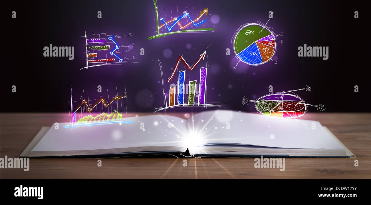 Book on wooden deck with glowing graph illustrations Stock Photo - Alamy