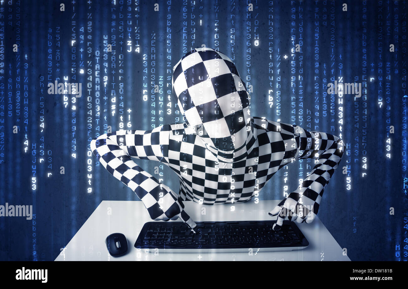 Hacker in body mask decoding information from futuristic network ...