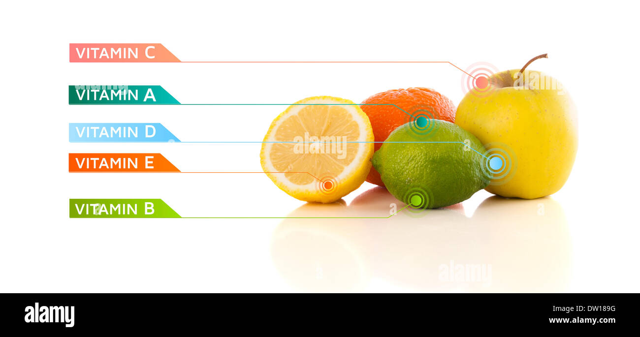Healthy fruits with colorful vitamin symbols and icons Stock Photo - Alamy