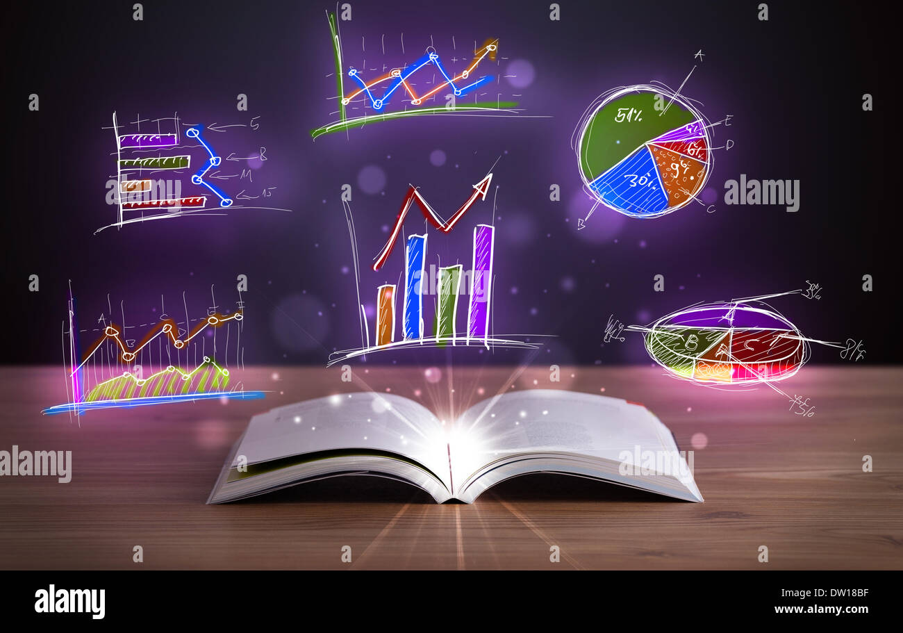 Book on wooden deck with glowing graph illustrations Stock Photo - Alamy