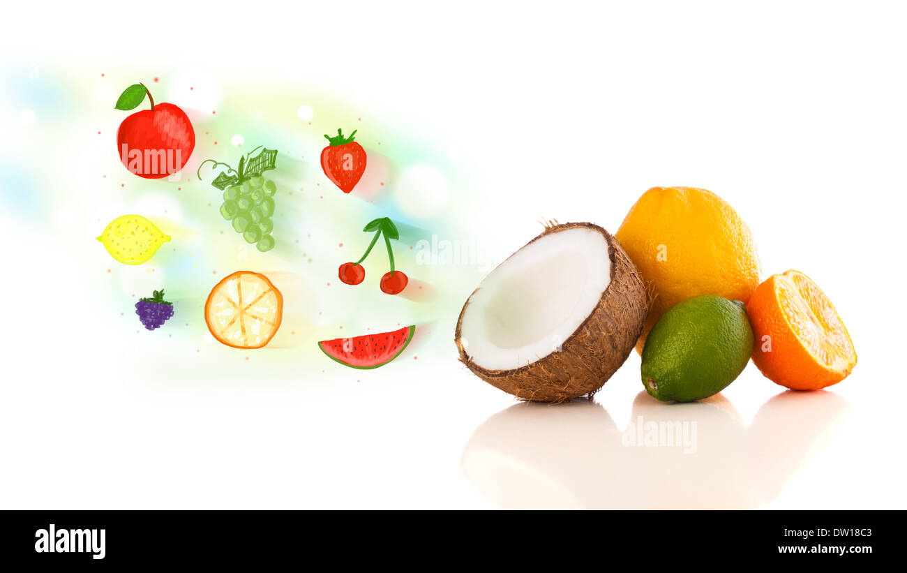 Colorful fruits with hand drawn illustrated fruits Stock Photo - Alamy