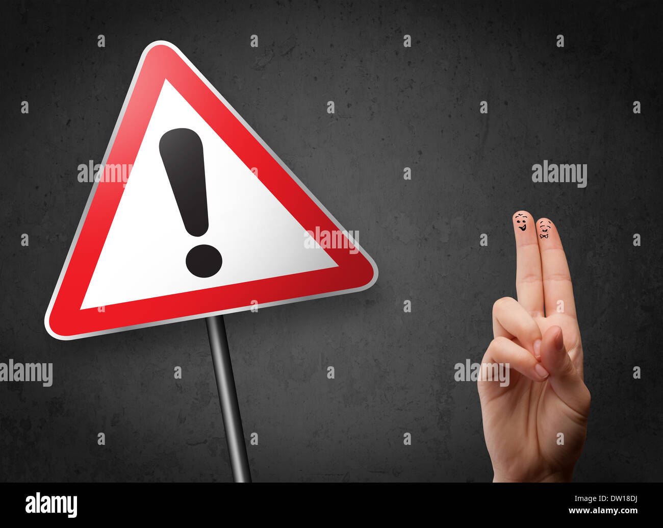 Happy smiley fingers looking at triangle warning sign with exclamation ...