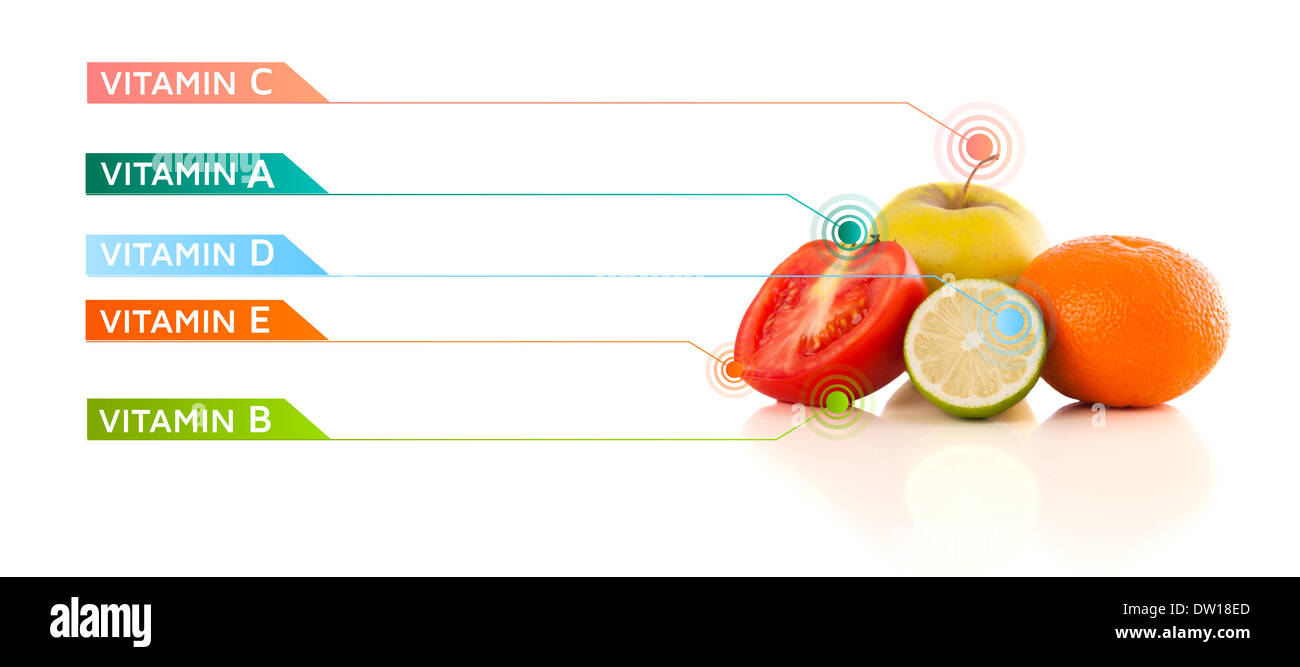 Healthy fruits with colorful vitamin symbols and icons Stock Photo - Alamy