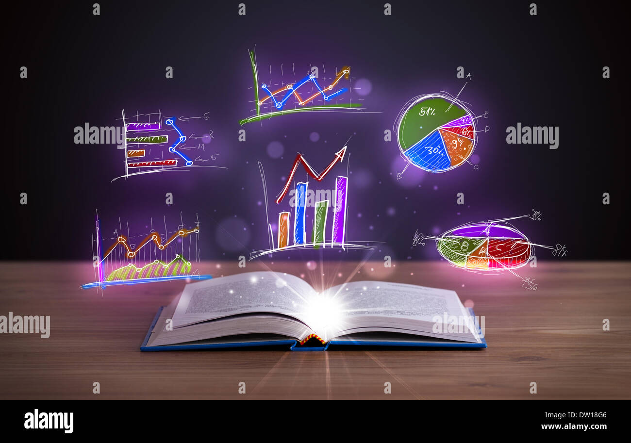 Book on wooden deck with glowing graph illustrations Stock Photo - Alamy