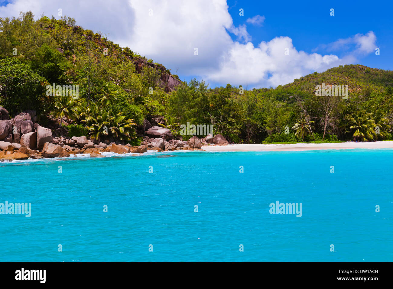 Tropical beach at island Praslin Seychelles Stock Photo - Alamy
