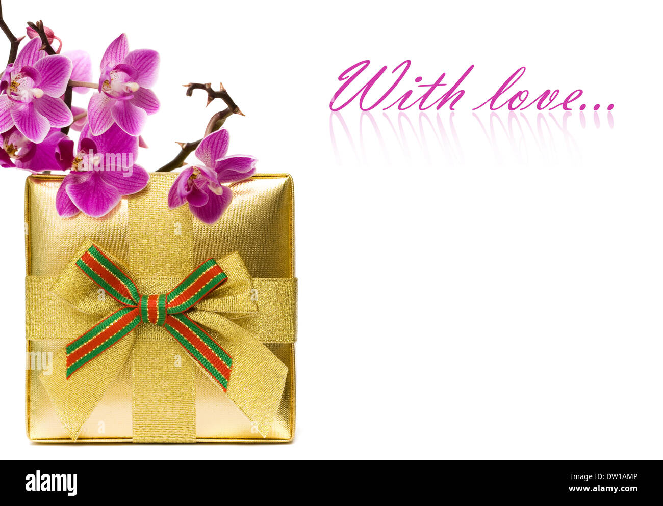 Gift box with purple orchid Stock Photo - Alamy