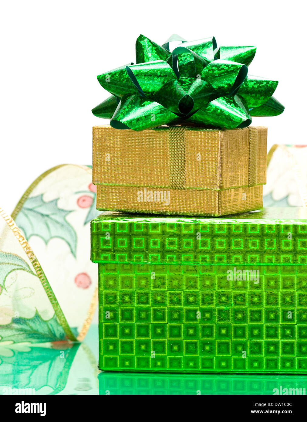 green and golden gift box with ribbon Stock Photo - Alamy
