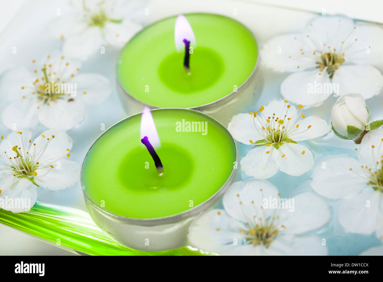 Candle with spring flowers in water Stock Photo - Alamy