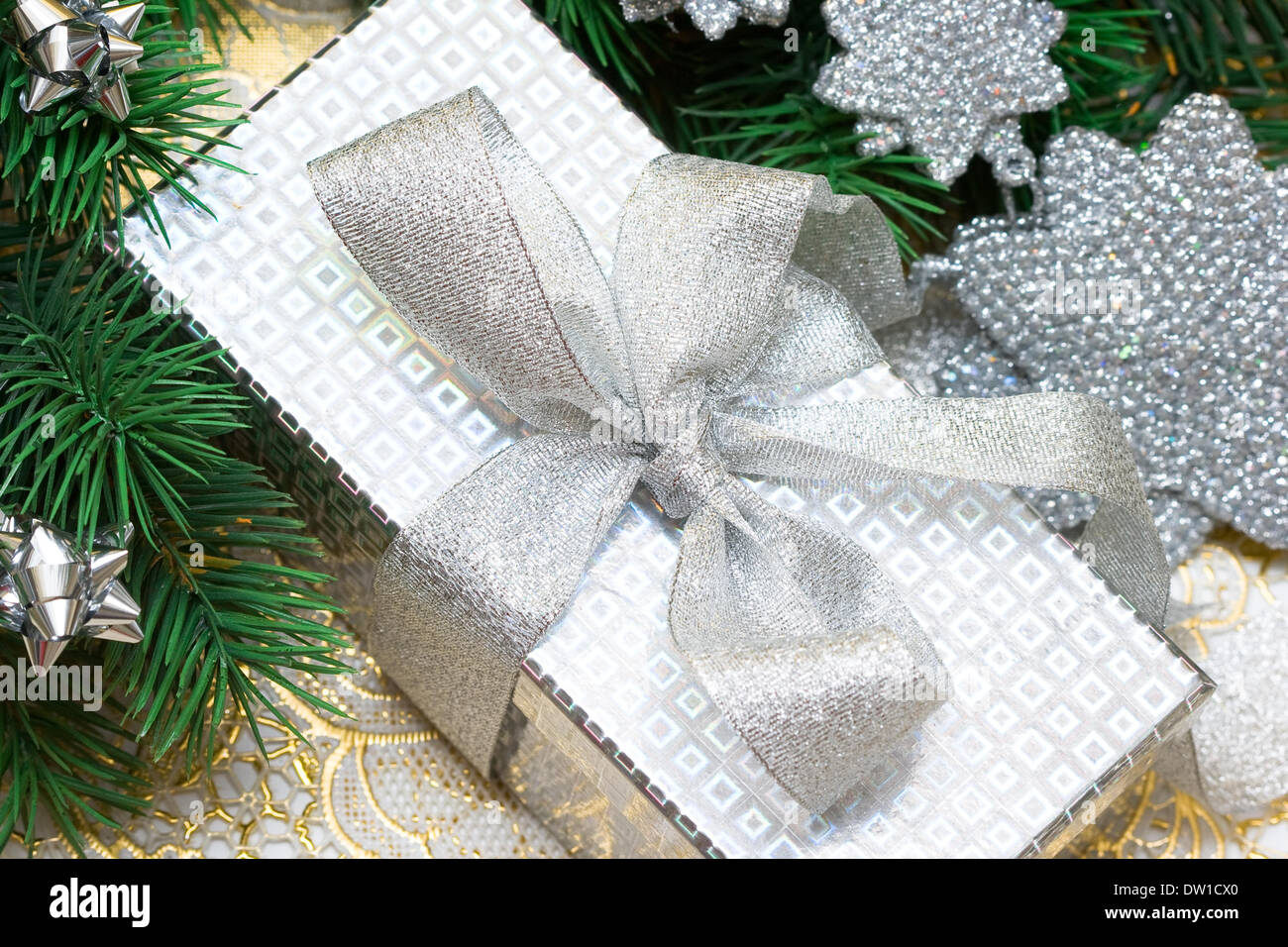 silver gift box with Christmas tree Stock Photo - Alamy