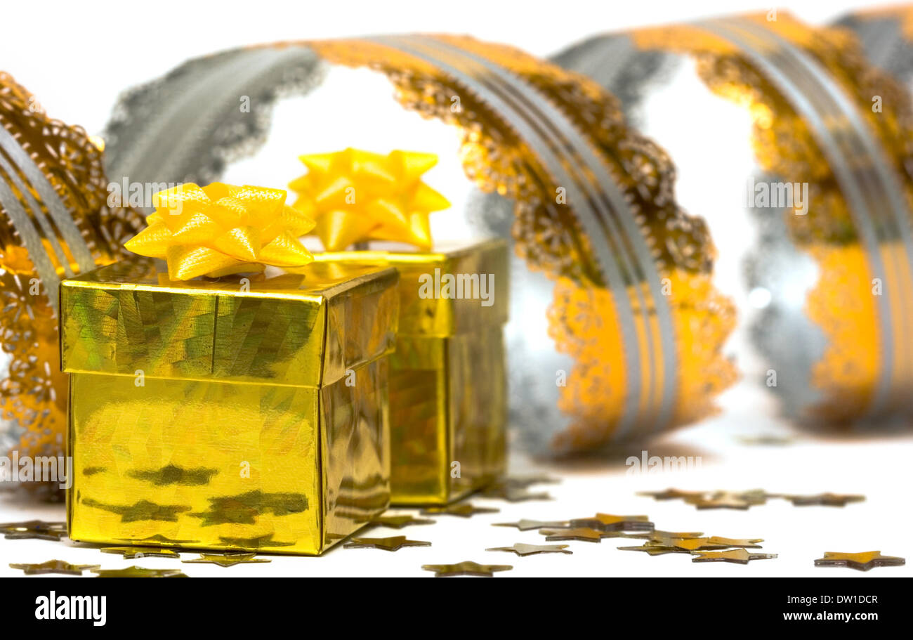 golden gift boxes with ribbon Stock Photo - Alamy