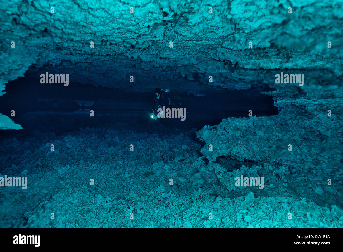 Scuba diver swimming thru the underwater Kulukan Cenote cave, Yucatan ...