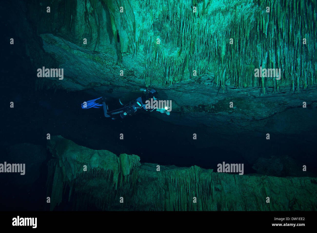 Scuba diver swimming thru the underwater Chac Mool Cenote cave, Yucatan ...