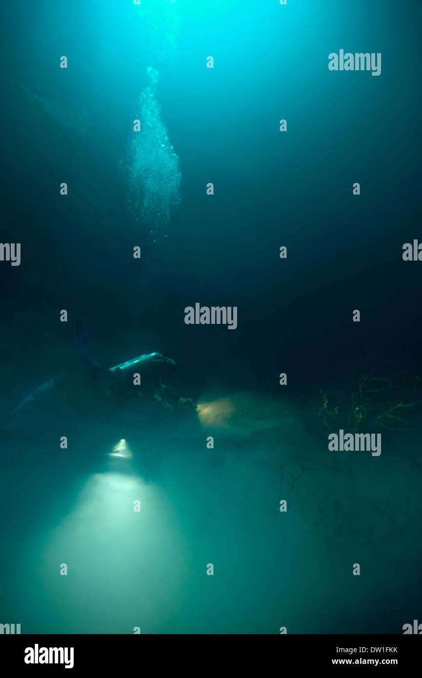 Scuba diver swimming thru the underwater cenote Pit cave, Yucatan ...
