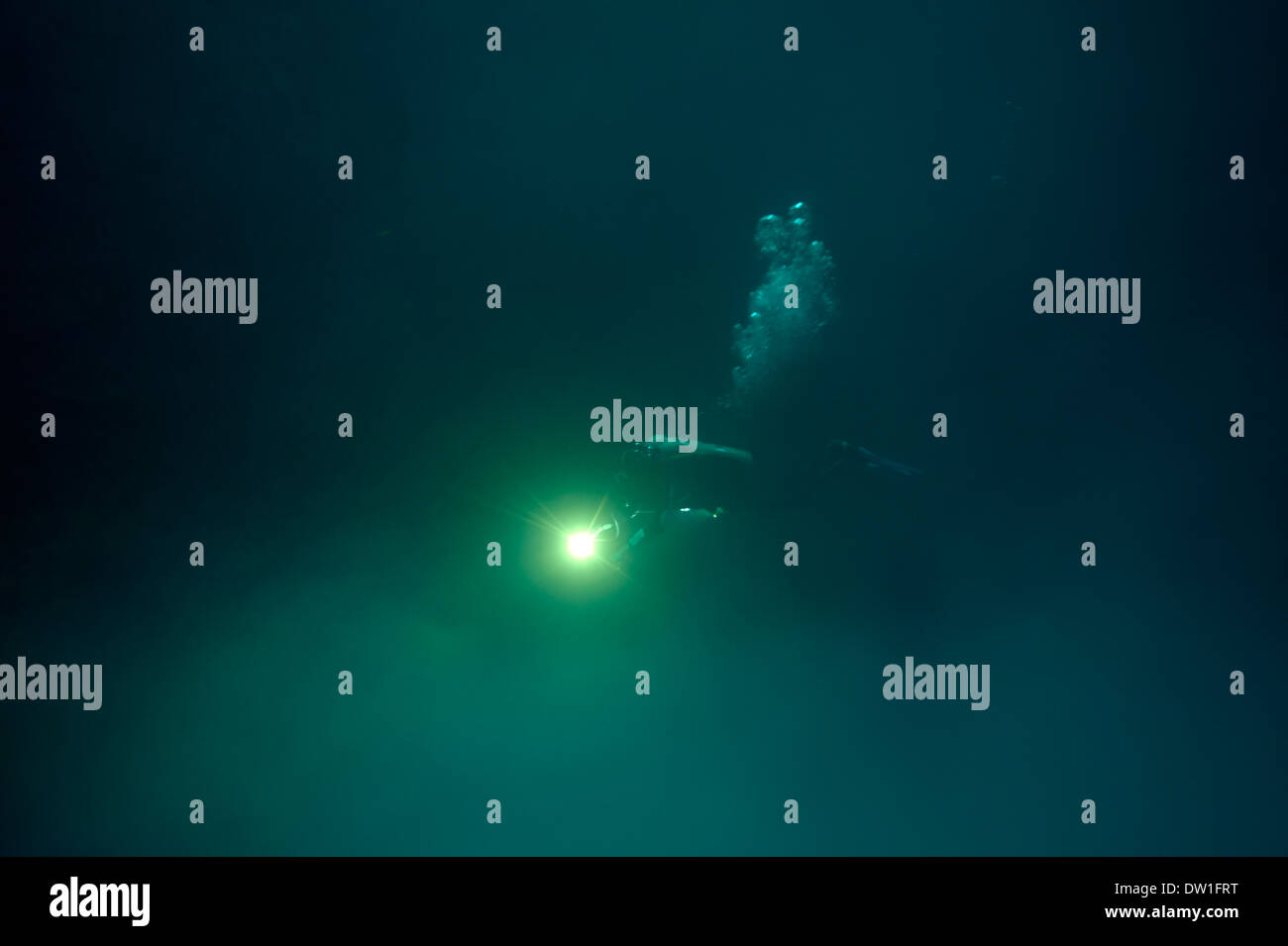 Scuba diver swimming thru the underwater cenote Pit cave, Yucatan ...