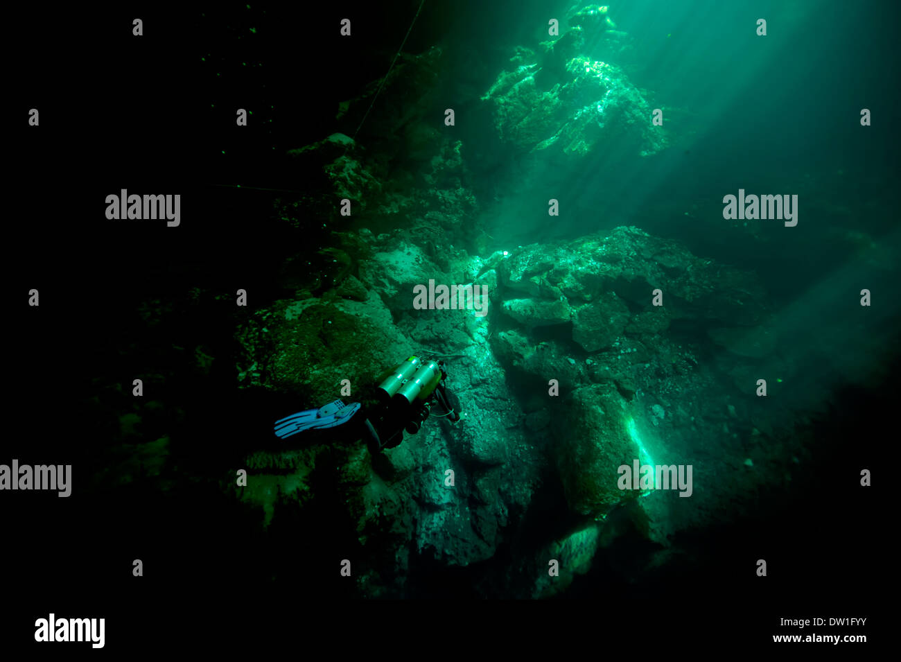 Scuba diver swimming thru the underwater cenote Pit cave, Yucatan ...