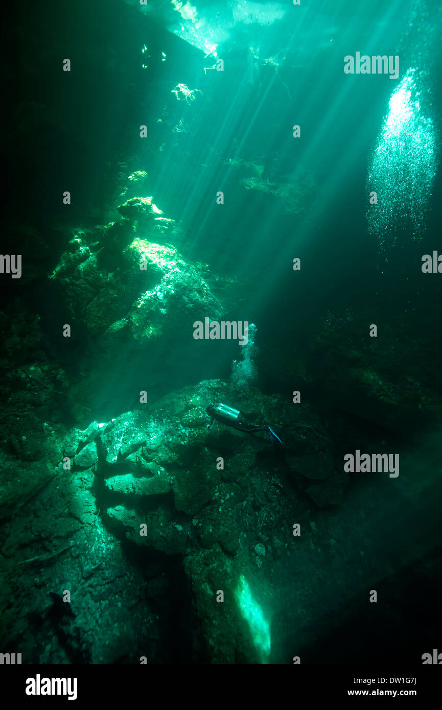 Scuba diver swimming thru the underwater cenote Pit cave, Yucatan ...