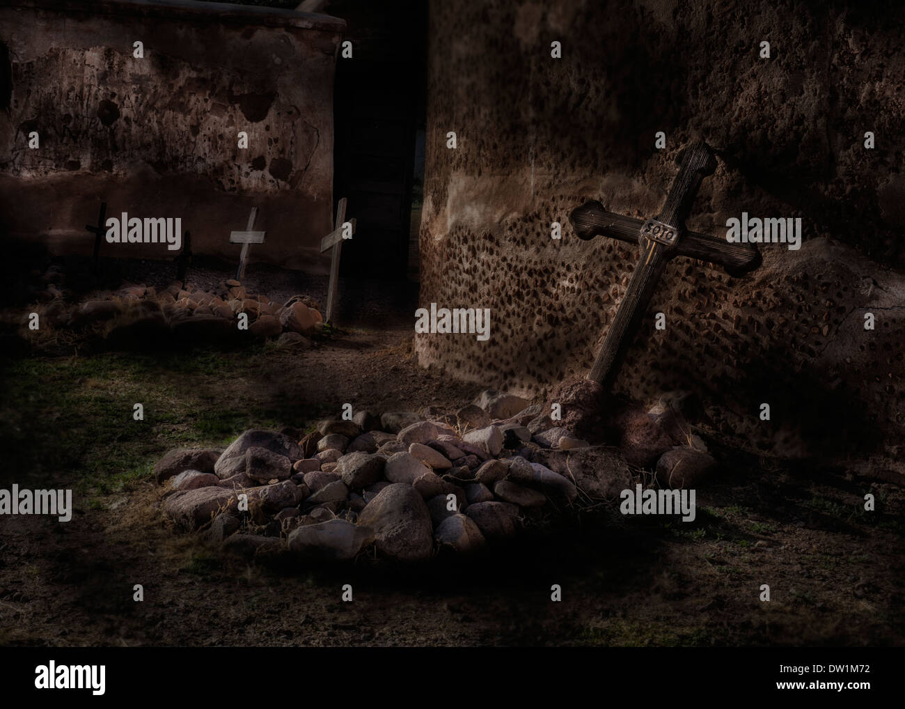 A dramatic night time grave yard image at Tumacacuri Mission in ...
