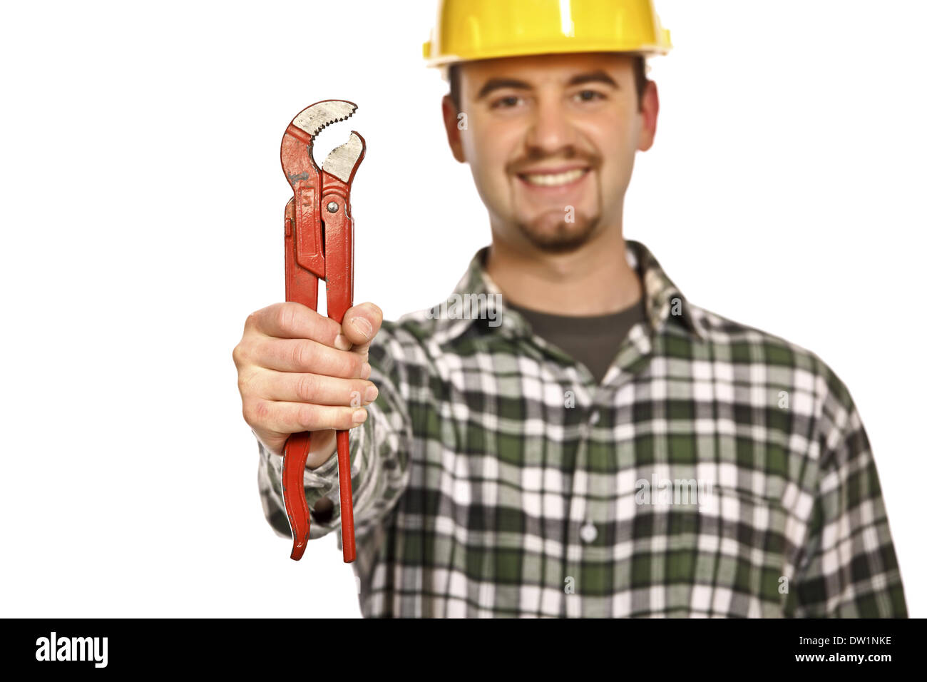 happy worker with red wrench Stock Photo - Alamy