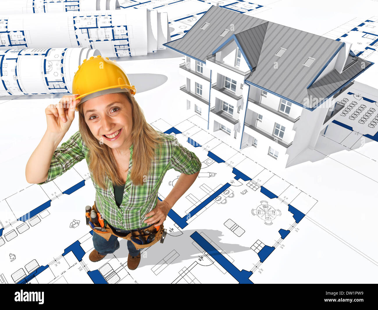 female worker on 3d blueprint Stock Photo - Alamy