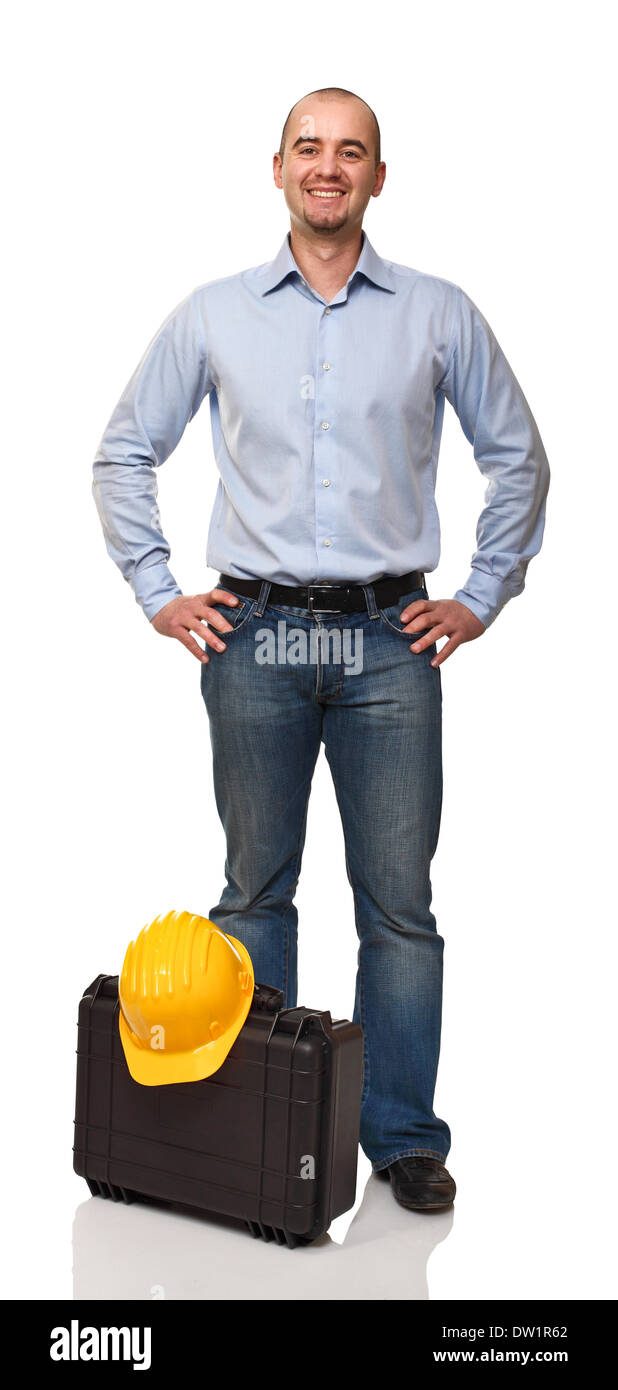happy worker on white background Stock Photo - Alamy
