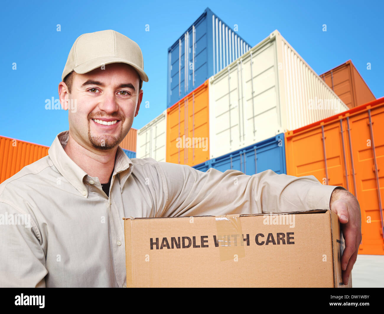 delivery man and colorful container Stock Photo - Alamy
