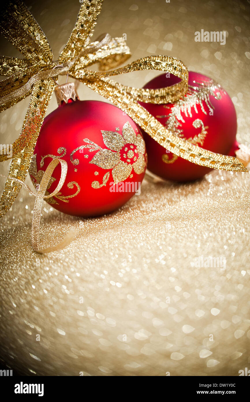 Christmas balls with golden ribbon Stock Photo - Alamy