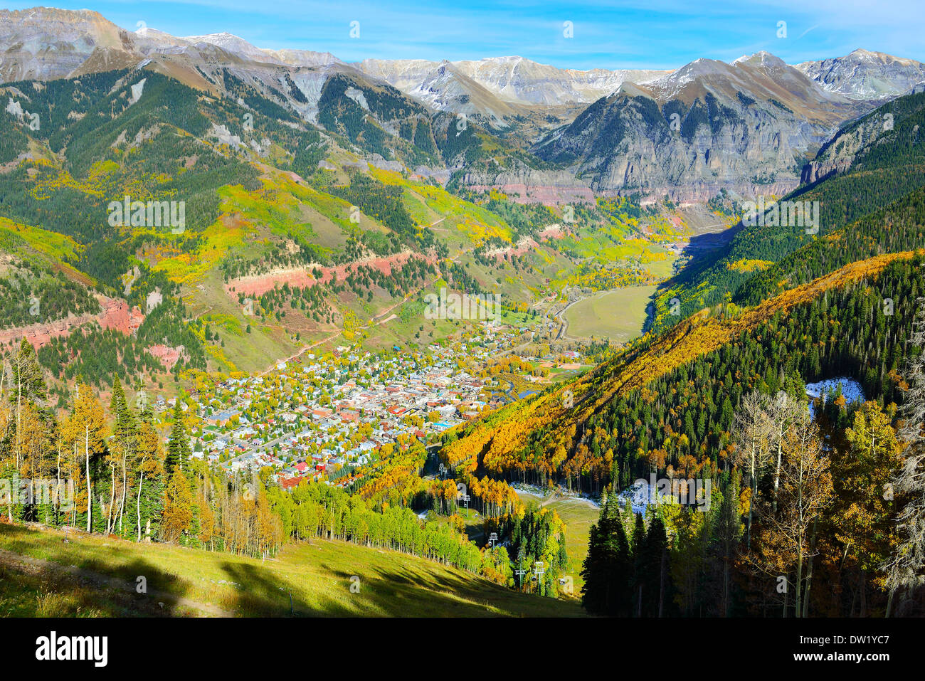 colourful mountains and vew of Telluride, Colorado during foliage ...