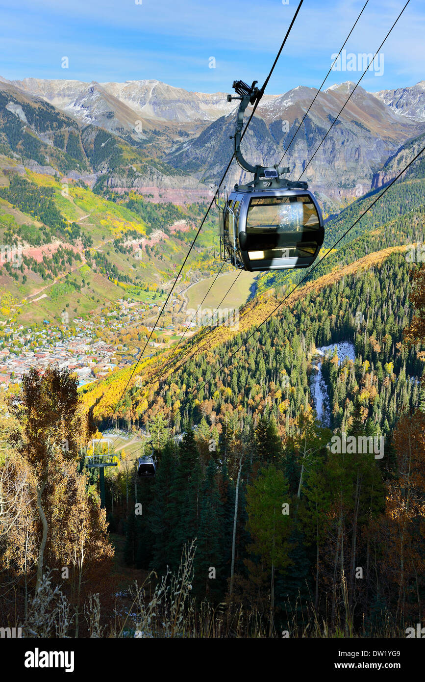 colourful mountains and vew of Telluride and tram in Colorado during ...