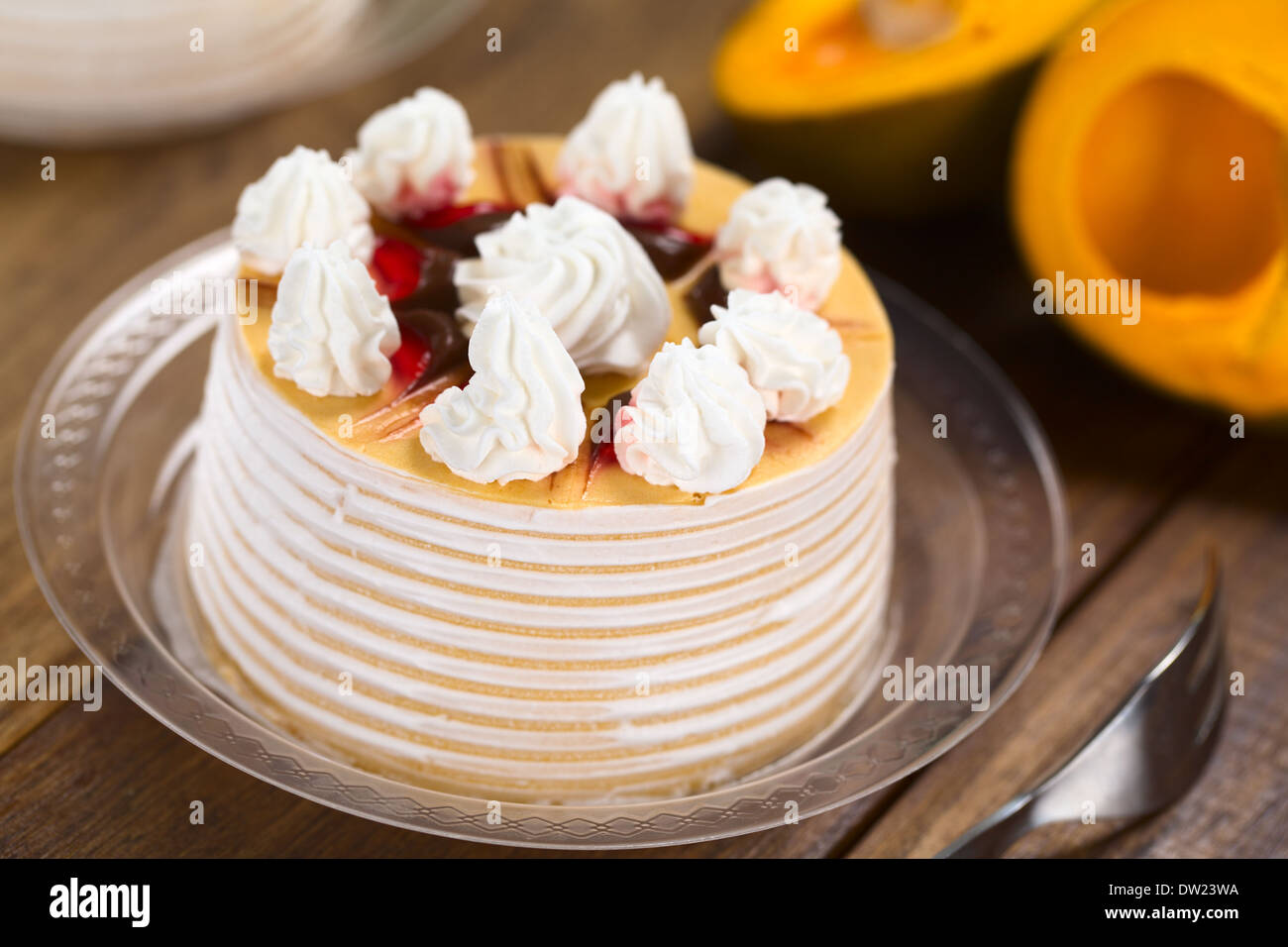 Small personal round cake made of the Peruvian fruit called lucuma (lat ...