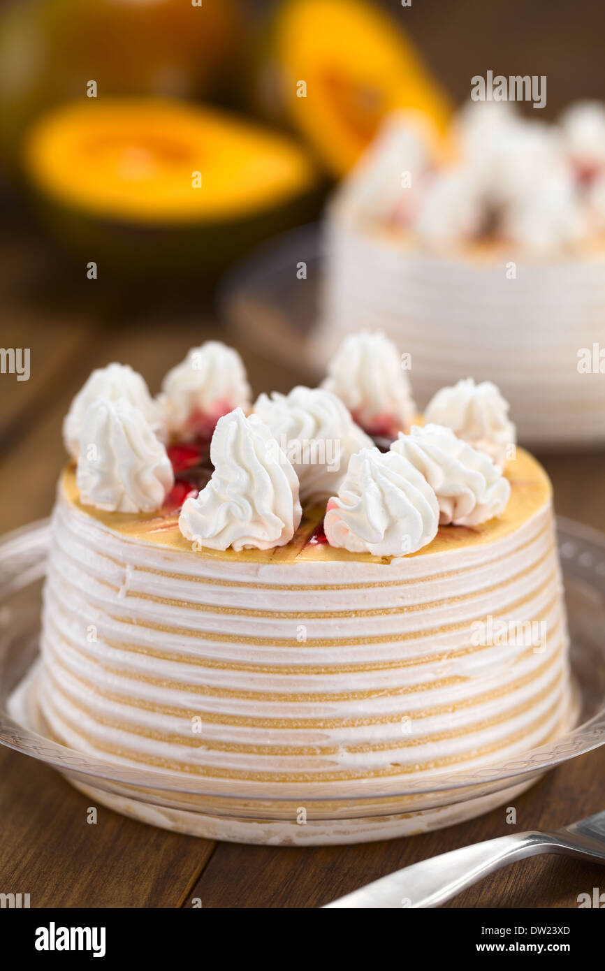 Small personal round cake made of the Peruvian fruit called lucuma (lat ...
